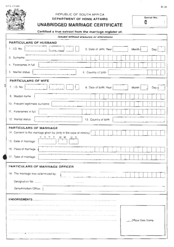 Unabridged Marriage Certificate, South Africa - Beglaubigte Übersetzungen