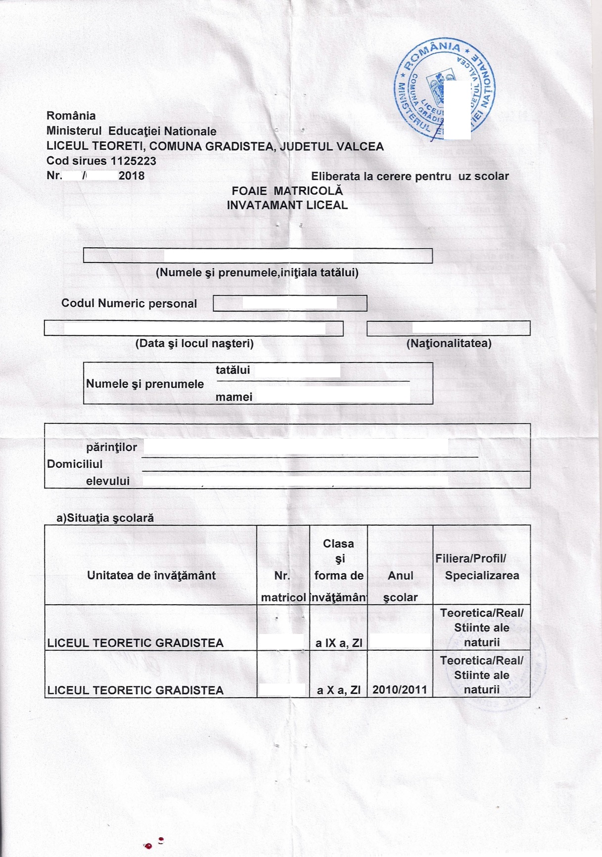 Foaie matricolă învățământ liceal Grădiștea Vâlcea - Beglaubigte ...