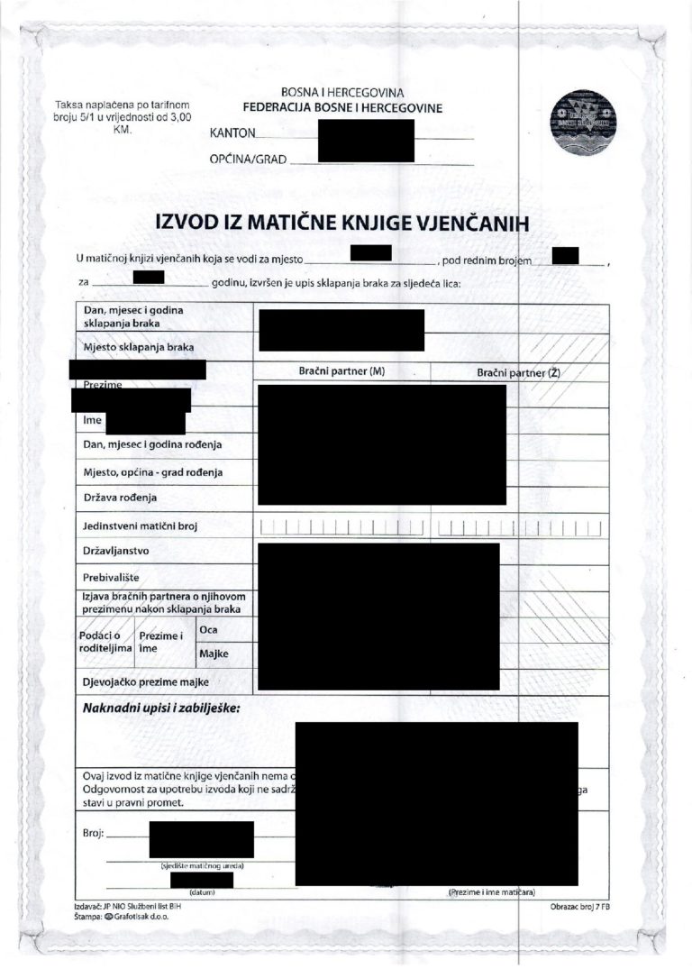 Izvod iz matične knjige vjenčanih (Bosna i Hercegovina) - Beglaubigte ...