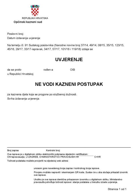 Uvjerenje_Kazneni postupak (Hrvatska) - Beglaubigte Übersetzungen