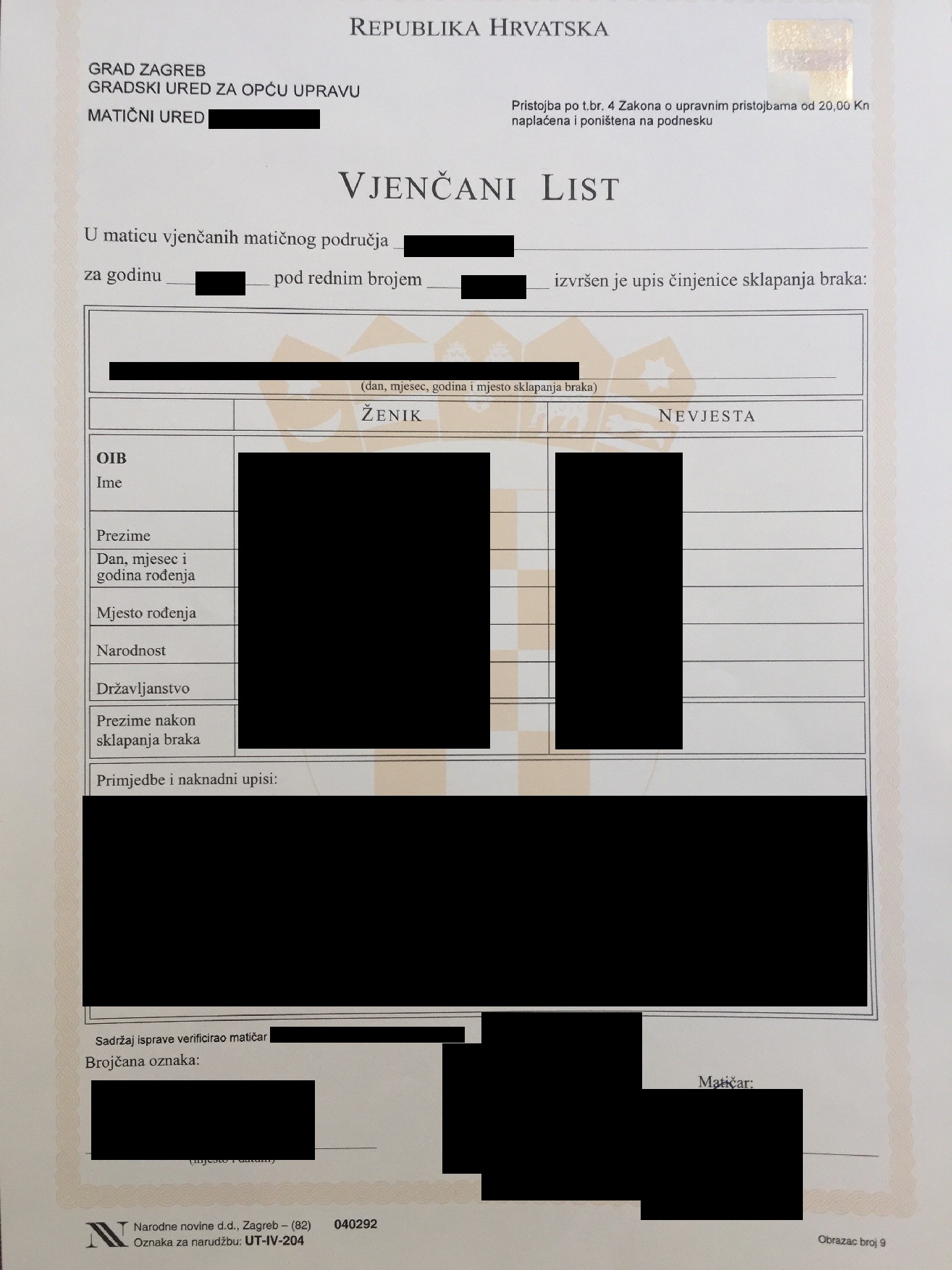 Vjenčani list (Hrvatska) - Beglaubigte Übersetzungen