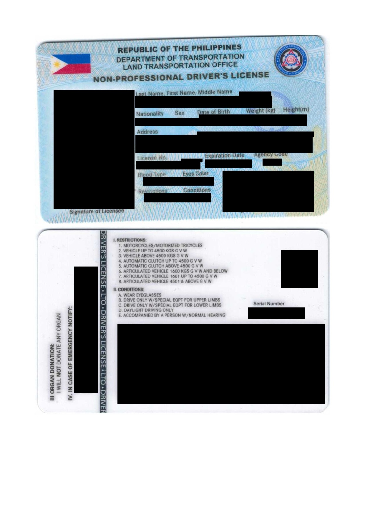 Non-Professional Driver´s License (Philippines) [Scheckkartenformat ...