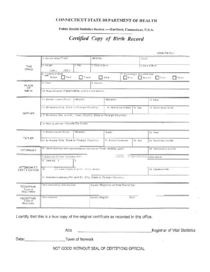 Certified Copy of Birth Record (USA, Connecticut) - Beglaubigte ...