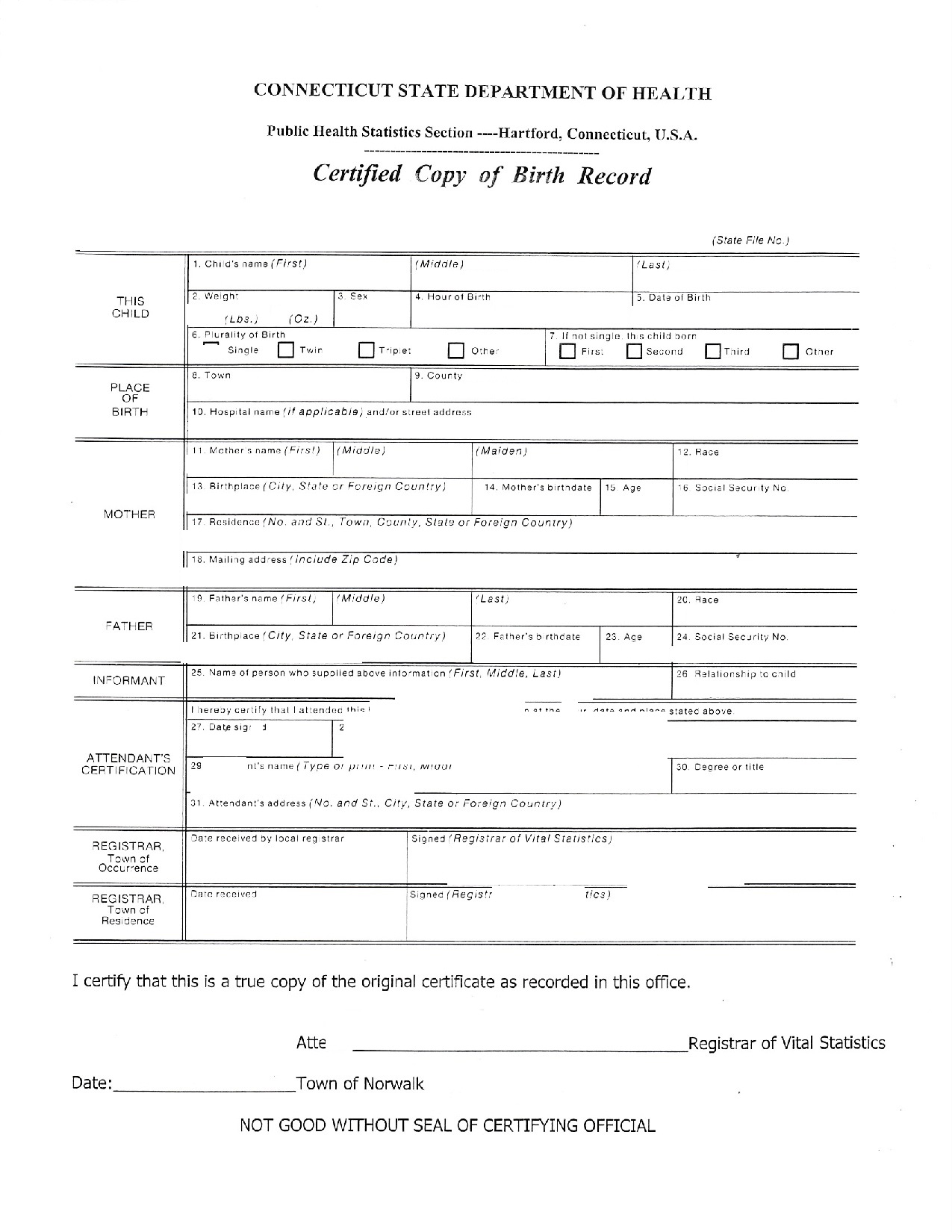 Certified Copy of Birth Record (USA, Connecticut) - Beglaubigte ...