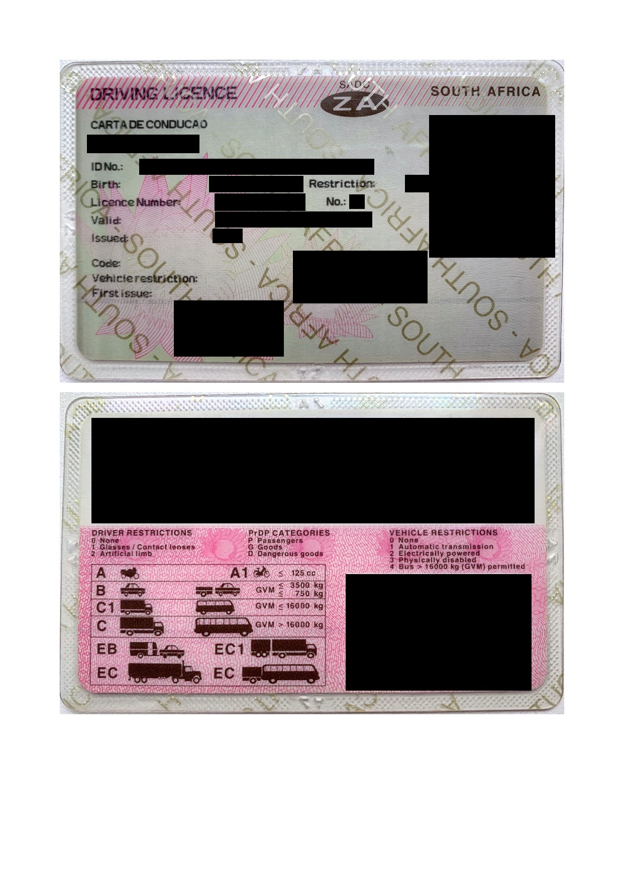 Driving Licence (South Africa) [Scheckkartenformat] - Beglaubigte ...
