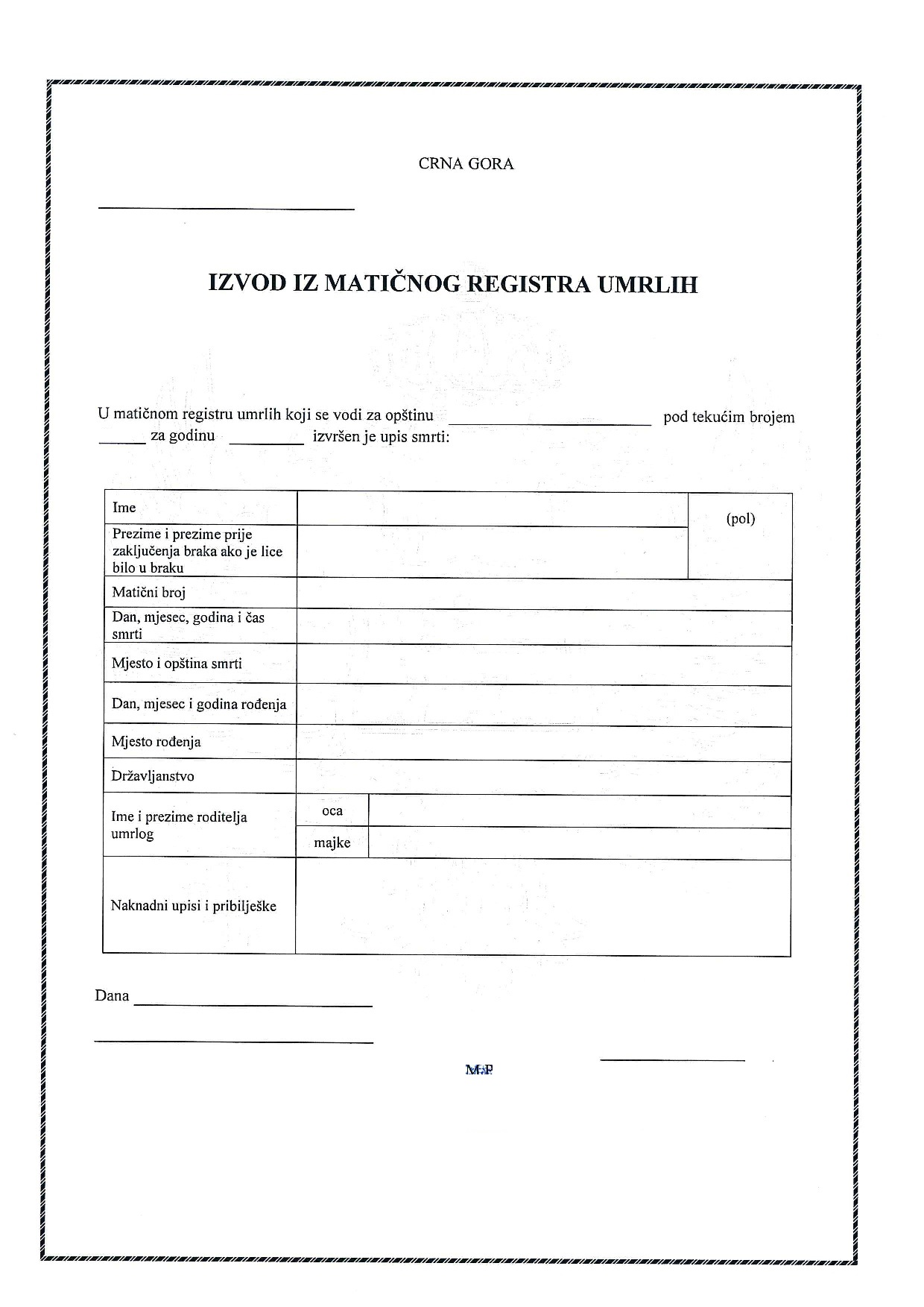 Izvod iz matičnog registra umrlih (Crna Gora) - Beglaubigte Übersetzungen